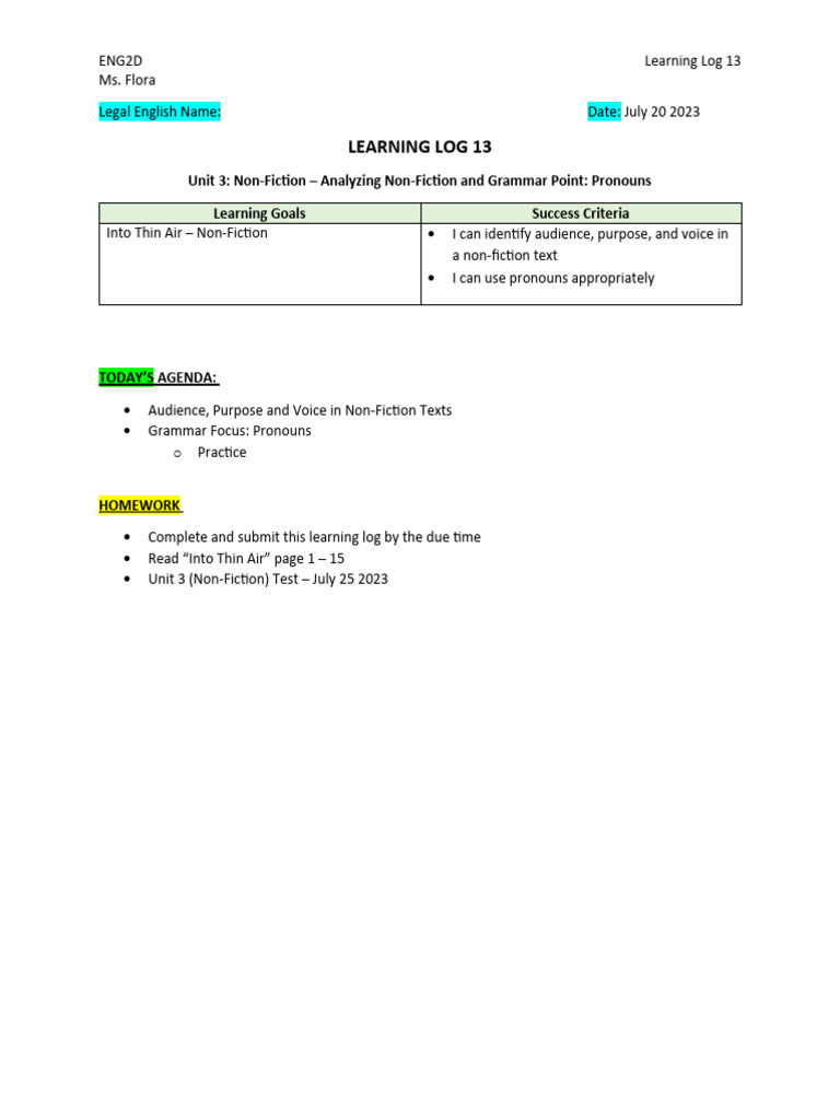 ENG2D Learning Log 13-1 | PDF | Linguistic Morphology | Linguistics