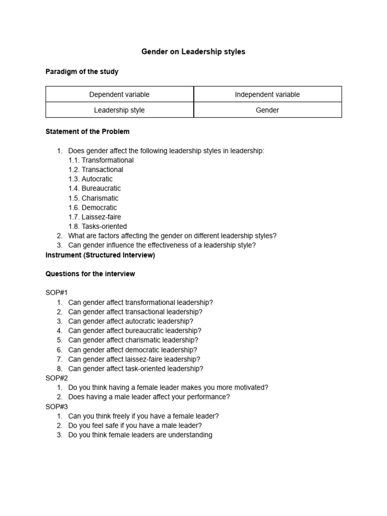 Structured Interview GENDER ON LEADERSHIP STYLES | PDF