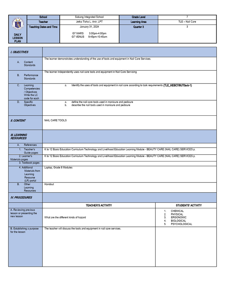 TLE-7-DLP-Q3 - L1 - Nail Care Tools | PDF | Nail (Anatomy) | Learning