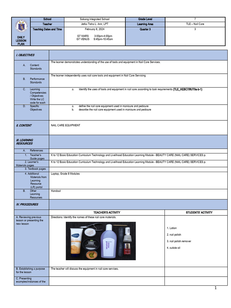 TLE-7-DLP-Q3 - L3 - Nail Care Equipment | PDF | Cognitive Science ...