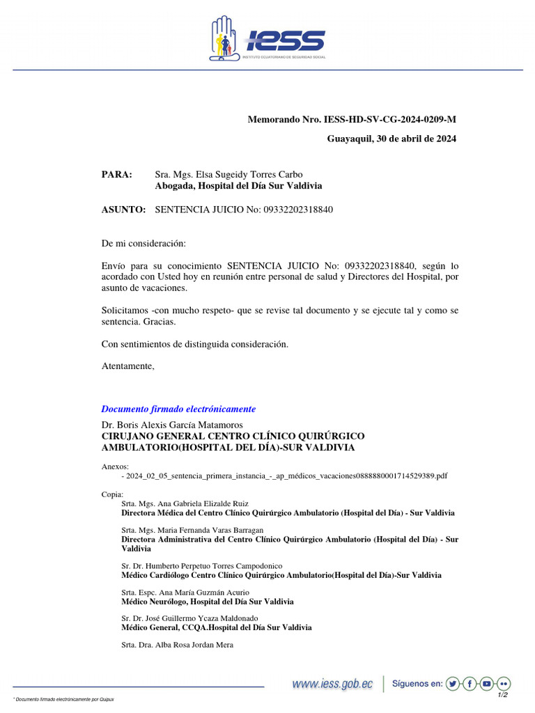 2024 04 30 Memorando No IESS-HD-SV-CG-2024-0209-M | PDF ...
