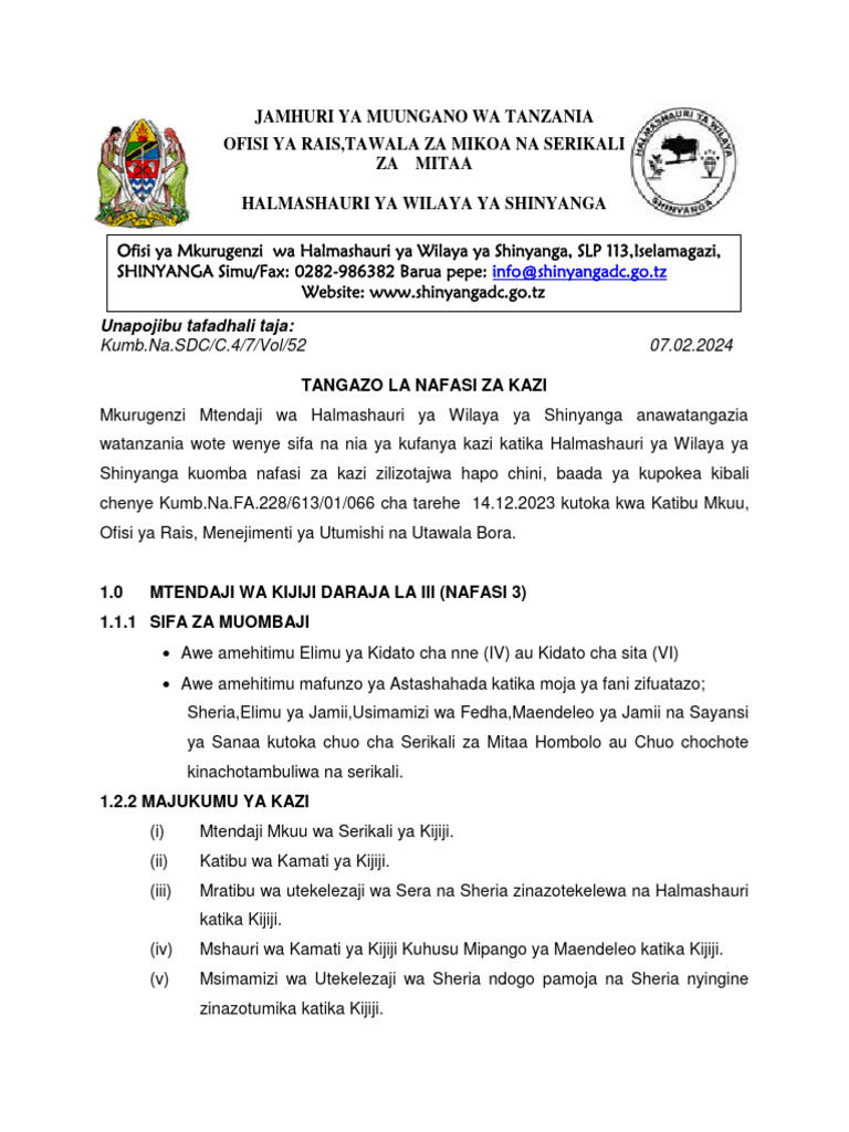 Tangazo La Nafasi Za Kazi Shinyanga DC | PDF