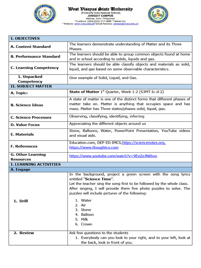 Lesson Plan in SCIED 204 | PDF | Matter | Gases