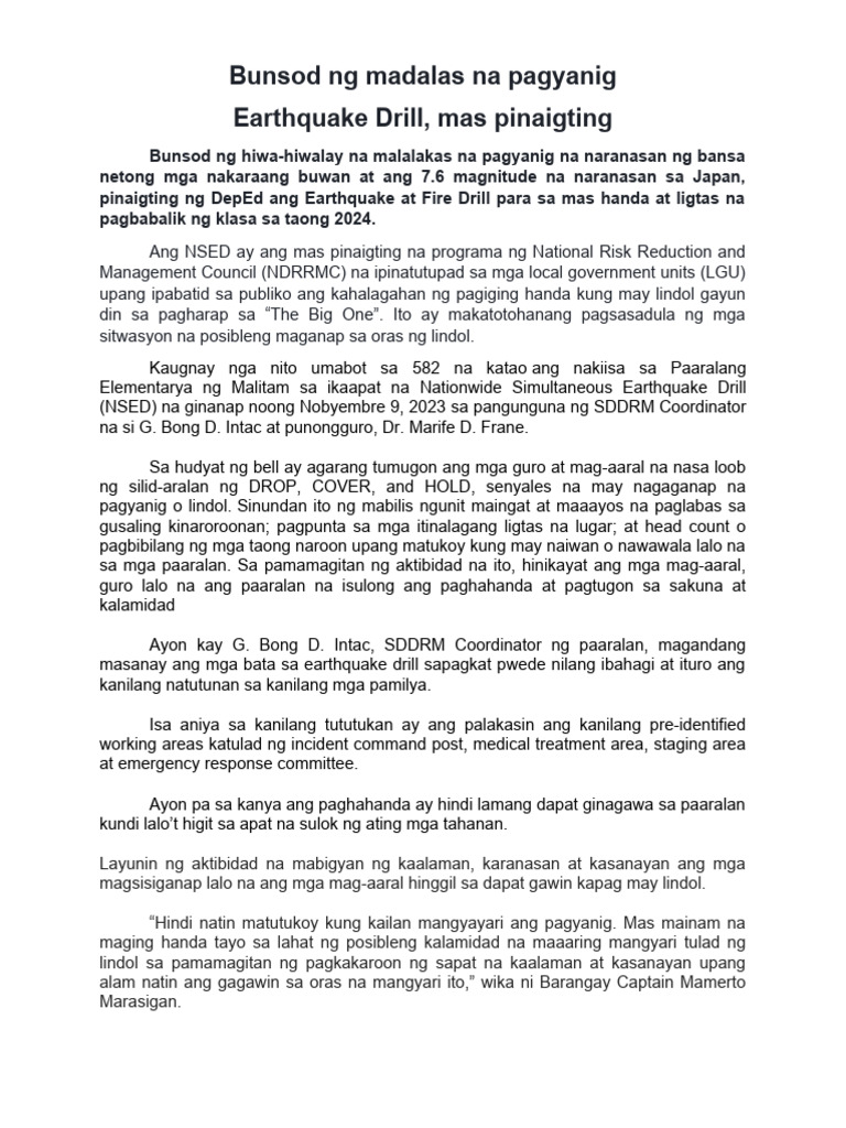 Bunsod NG Malakas Na Pagyanig Earthquake Drill Pinaigting | PDF