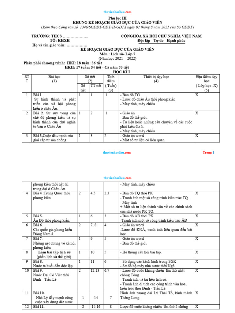 KHDH Lich Su 7 8 9 Nam Hoc 2021 2022 | PDF