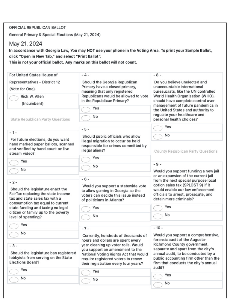 Richmond County GOP Sample Ballot 2024 | PDF | Republican Party (United ...