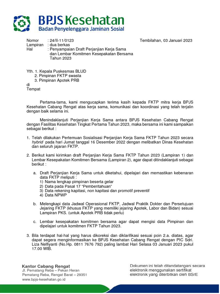 Surat Pengantar PKS Dan Lembar Komitmen 2023 FKTP Update Fix Oke | PDF