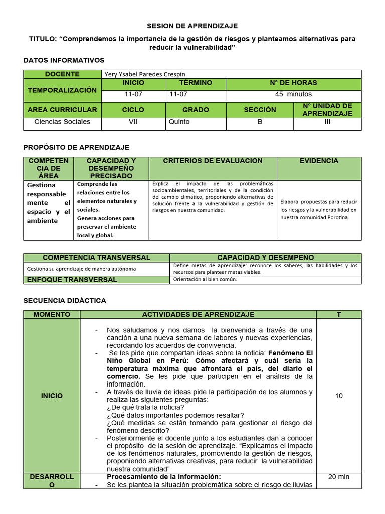 Sesion de Aprendizaje | PDF | Aprendizaje | Maestros