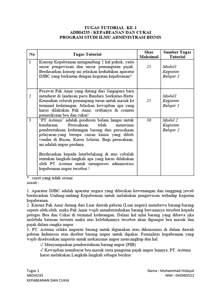 Tugas 1 Tuton 4235 2023.1 Kepabeanan Dan Cukai | PDF