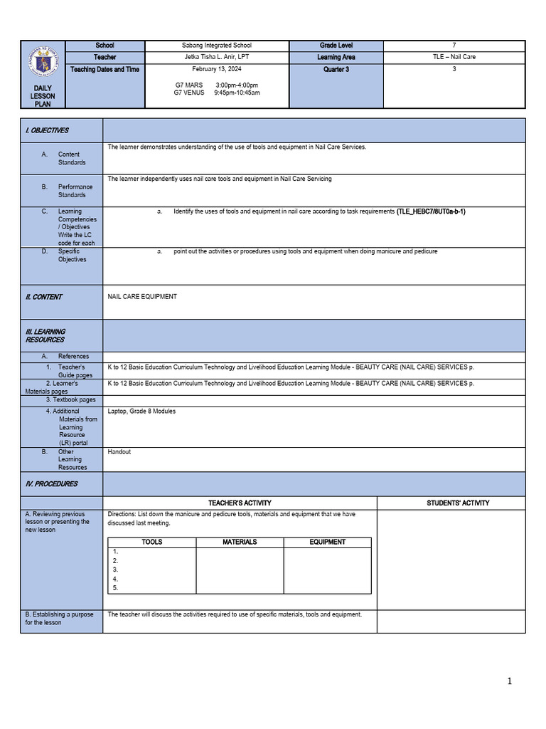 TLE-7-DLP-Q3 - L4 - Manicure & Pedicaure Procedure | PDF | Learning | Behavior Modification