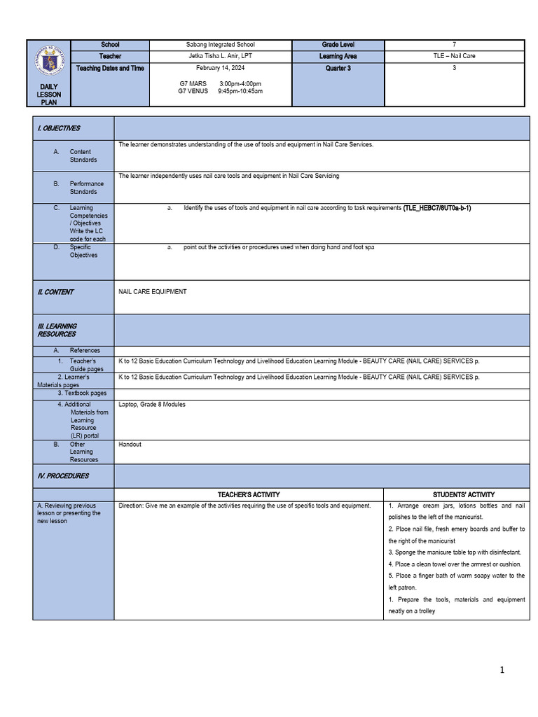 TLE-7-DLP-Q3 - L5 - Hand & Foot Spa Procedure | PDF | Learning | Teachers