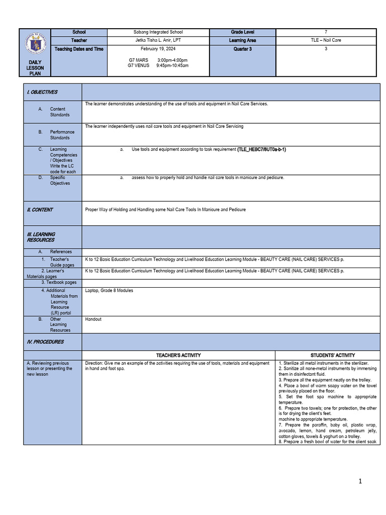 TLE-7-DLP-Q3 - L6 - Proper Way of Holding and Handling Tools For Manicure | PDF | Learning ...