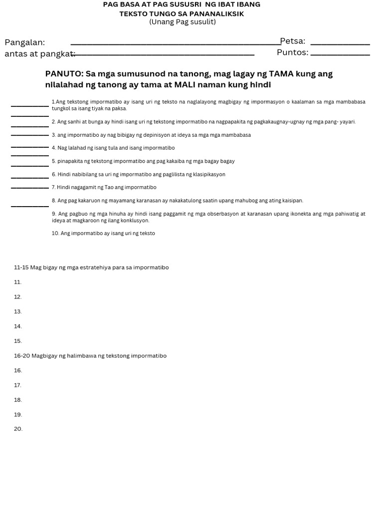 Sa Mga Sumusunod Na Tanong, Mag Lagay NG TAMA Kung Ang Nilalahad NG Tanong - 20240501 - 105016 ...