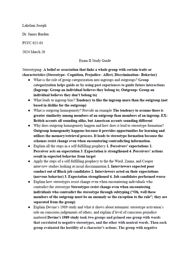 Exam II Study Guide | PDF | Stereotypes | Attitude (Psychology)