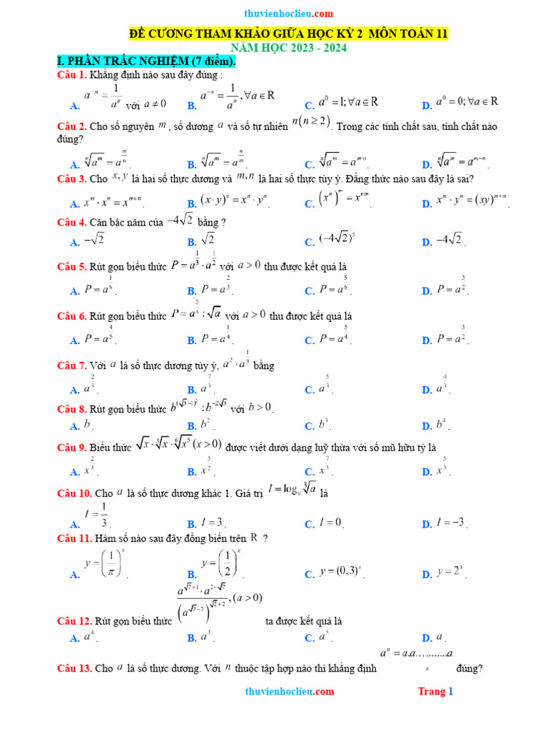 De Cuong On Tap Giua HK2 Toan 11 CTST | PDF
