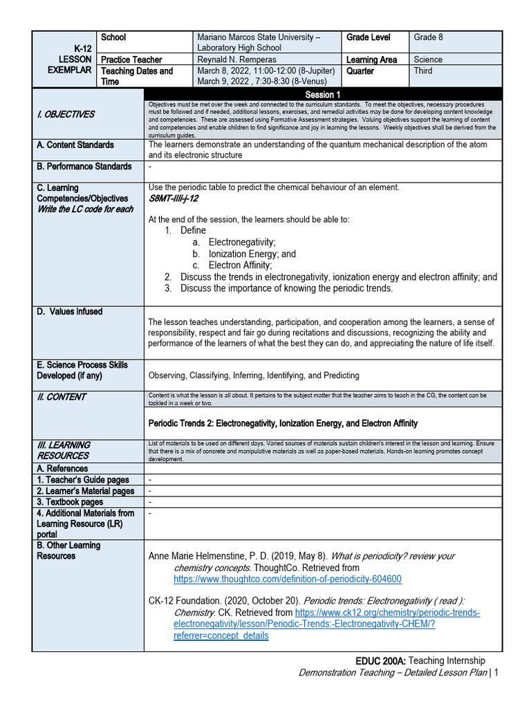 Grade 8 Science: Periodic Trends Lesson | PDF | Ion | Periodic Table