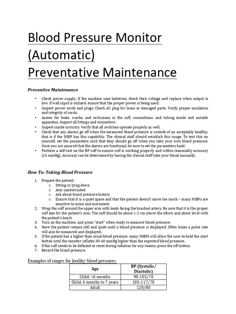 Blood Pressure Monitor (Automatic) Preventative Maintenance | PDF ...