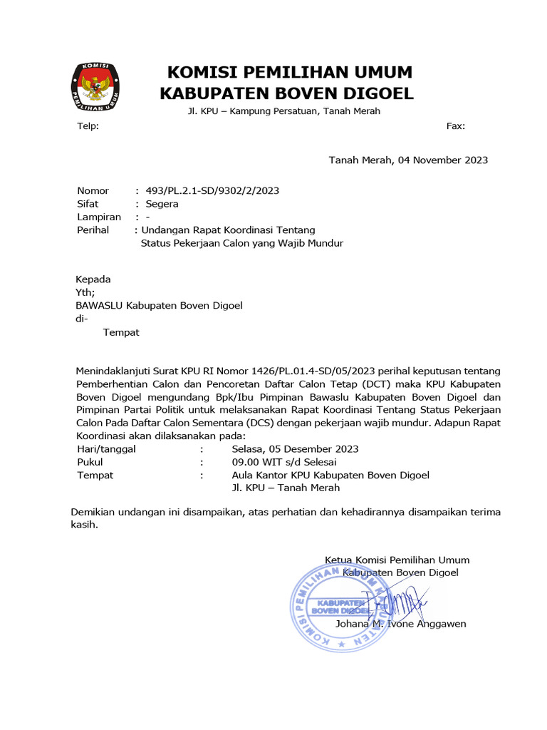 Undangan Rapat KPU Boven Digoel 2023 | PDF