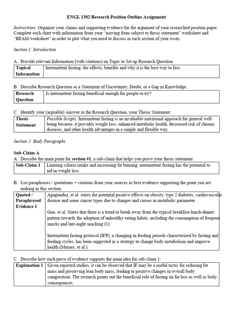 Researched Position Outline | PDF | Intermittent Fasting | Obesity