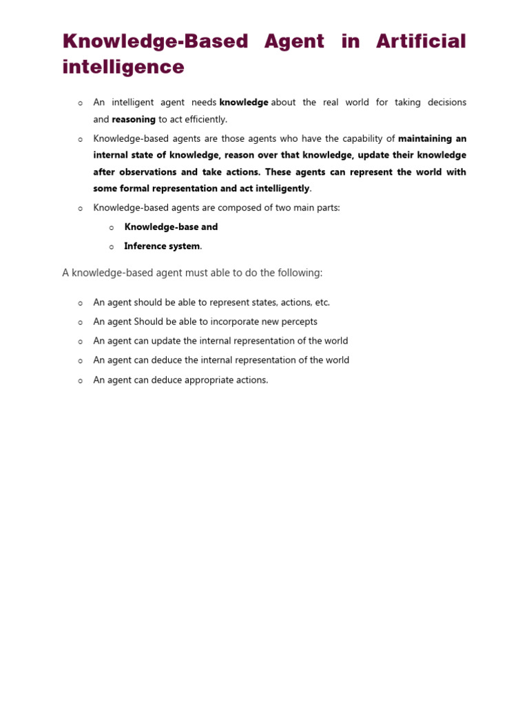 Knowledge Based Agents | PDF | Knowledge Representation And Reasoning | Knowledge