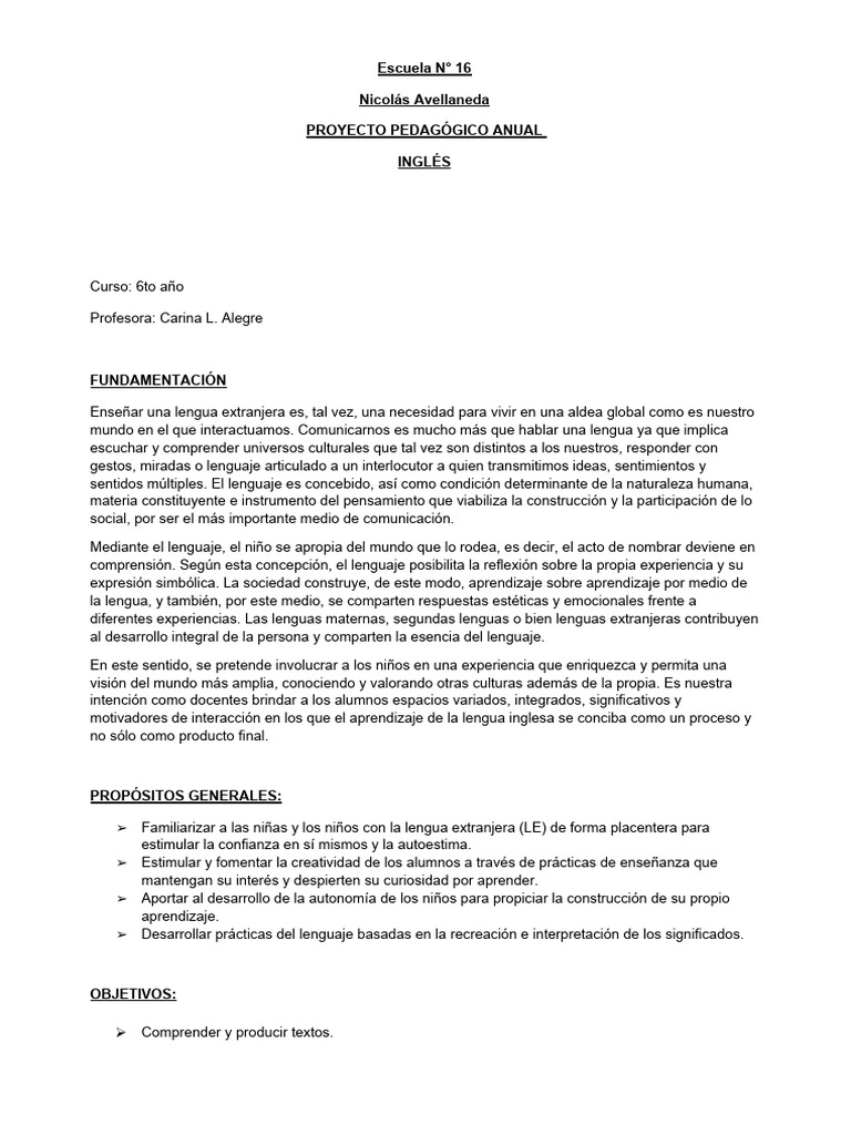 Proy 6to Año Esc 16 2024 | PDF | Aprendizaje | Experiencia