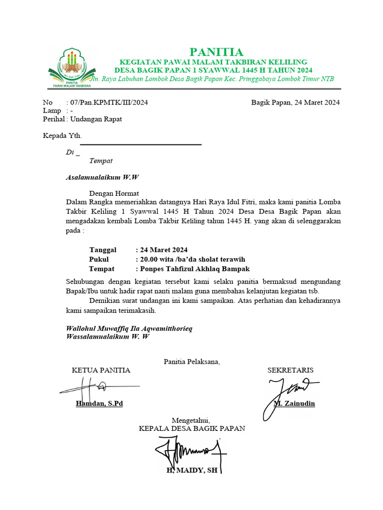 Undangan Rapat Takbir Keliling | PDF