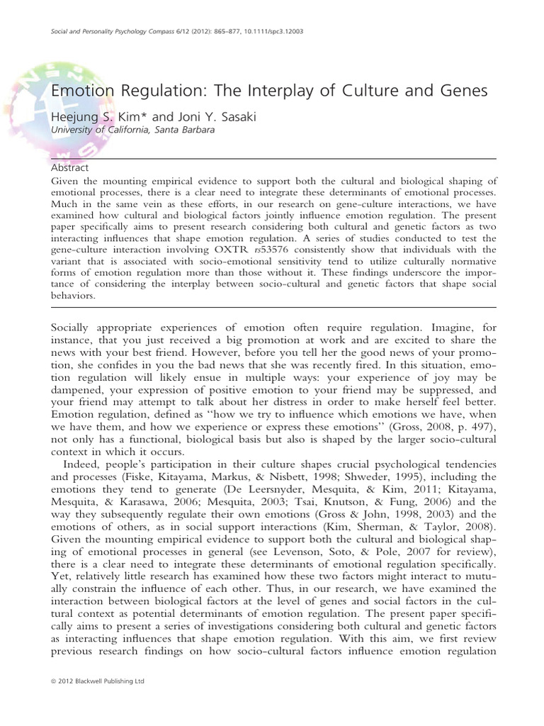 Emotion Regulation, The Interplay of Culture and Genes | Download Free PDF | Emotions | Social ...
