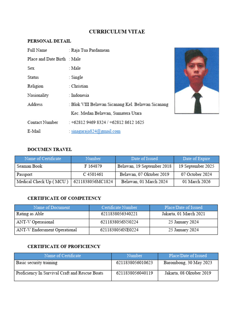 Curriculum Vitae Raja Sinaga | PDF | Ship Types | Shipping