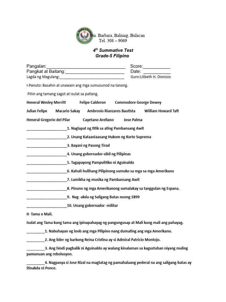 4th Summative Test Grade 5 AP | PDF