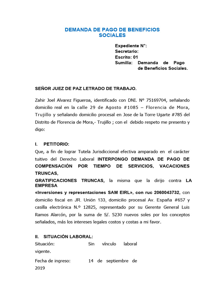 Joel Alvarez - Demanda de Pago de Beneficios Sociales | PDF | Derecho laboral | Demanda judicial