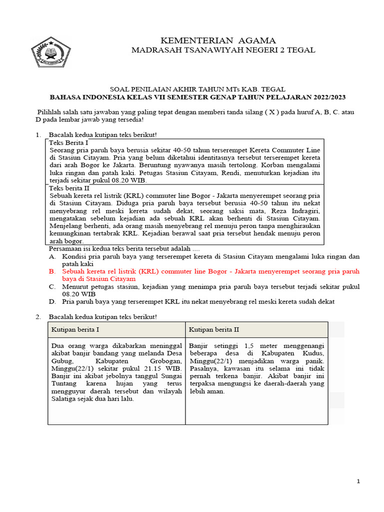 Soal Pat Indo Kls 7 Genap | PDF
