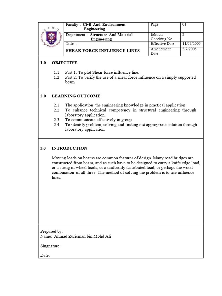 Shear Force Influence Lines 1.0 Objective | PDF | Beam (Structure) | Force