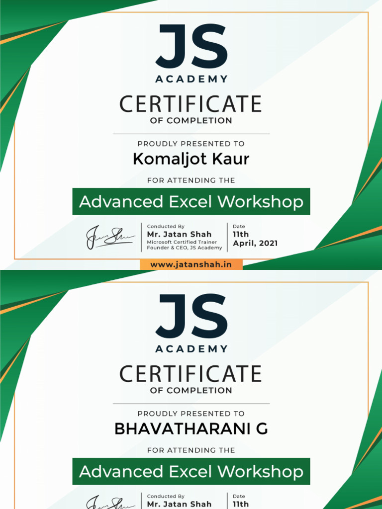 Advanced Excel Workshop Certificates | PDF