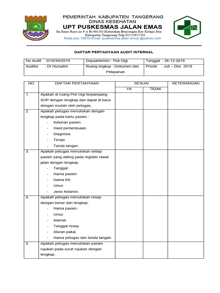 Ceklis Audit Internal Juli - Des 2019 | PDF