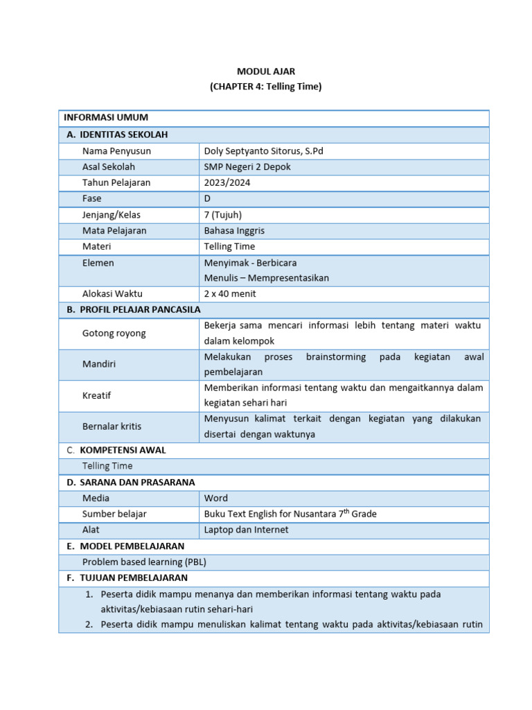 2024 New Modul Ajar Time Kelas 7 | PDF