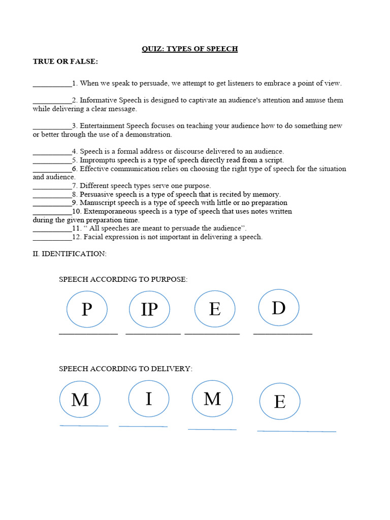 Types of Speech Quiz: True or False | PDF
