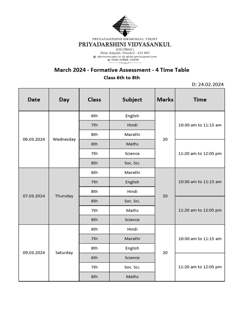 F.A 4 Exam Time Table 6th To 8th | PDF