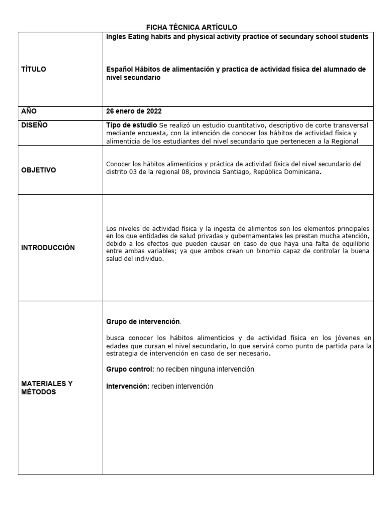 Hábitos alimenticios y actividad física en jóvenes | PDF