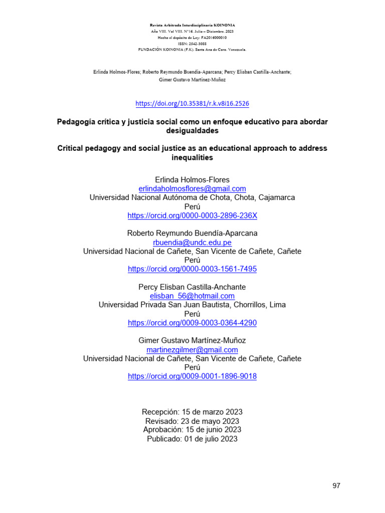 Pedagogía Crítica y Justicia Social Como Un Enfoque Educativo para Abordar Desigualdades | PDF ...