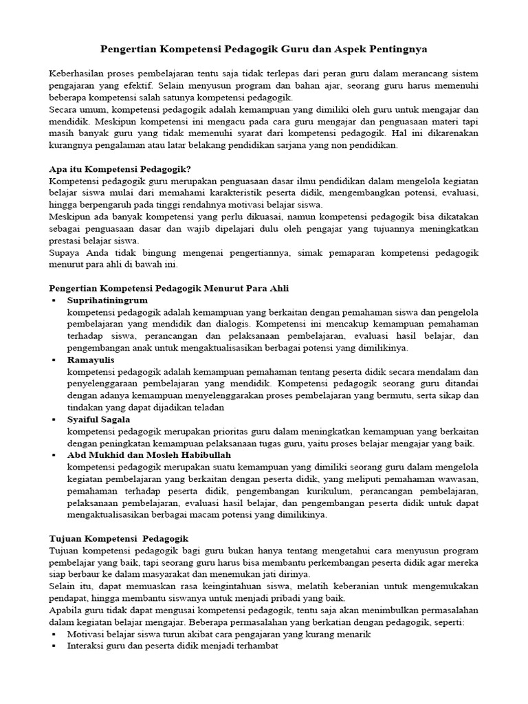 Pengertian Kompetensi Pedagogik Guru Dan Aspek Pentingnya | PDF