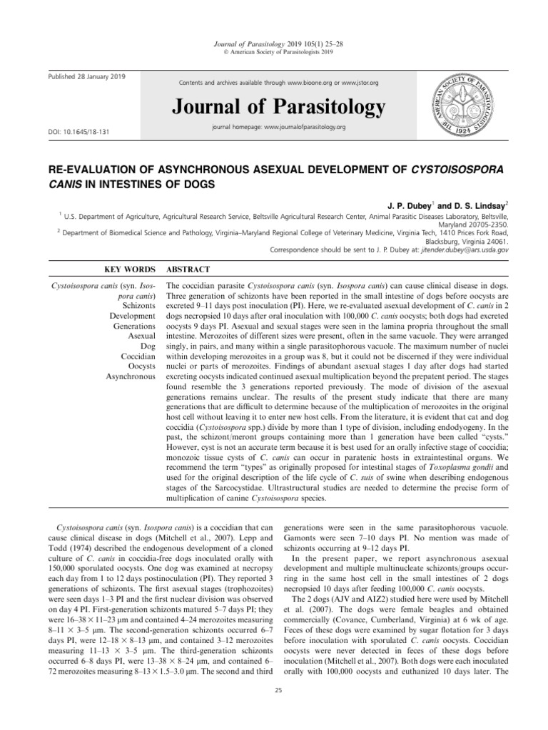 Journal of Parasitology Cystoisospora | Download Free PDF | Biology