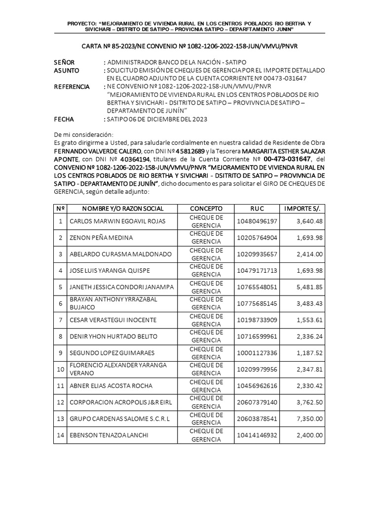 CARTA #001 - Cheque de Gerencia | PDF
