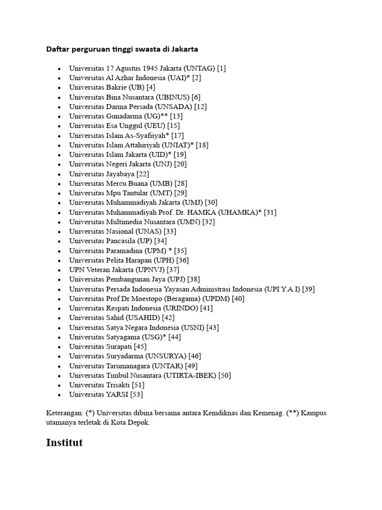 Daftar Perguruan Tinggi Swasta Di Jakarta | PDF