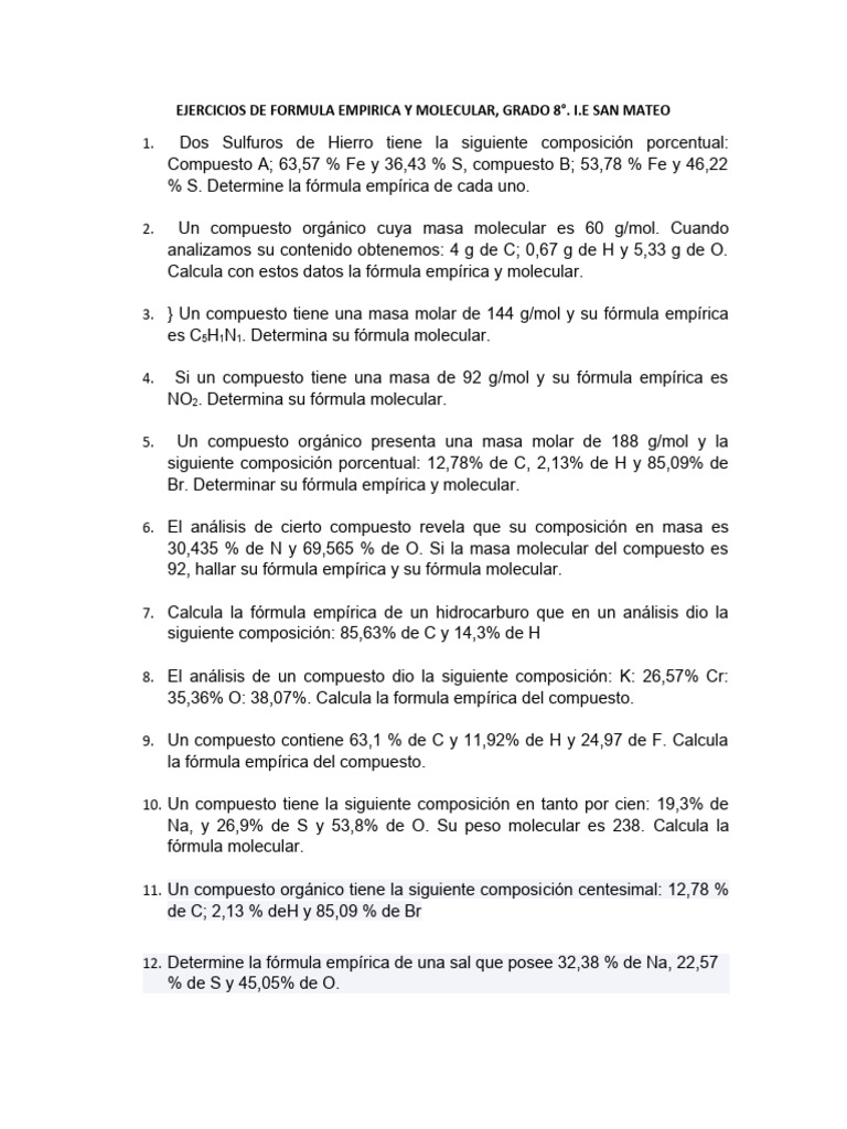 Ejercicios de Formula Empirica y Molecular | PDF Ejercicios de Formula Empirica y Molecular | PDF