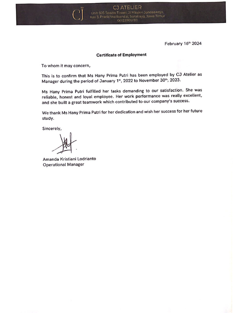 Employment Certificate - CJ | PDF