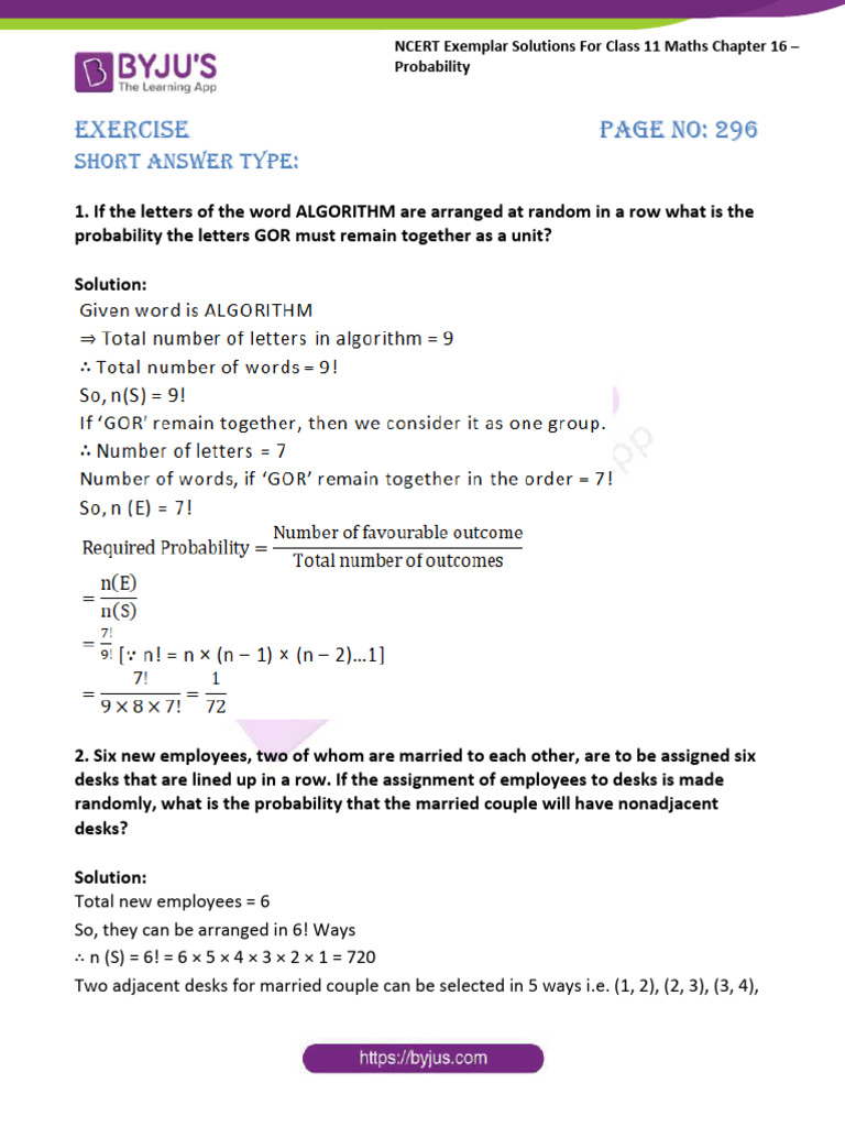 Ncert Exemplar Dec2020 Solution For Class 11 Maths Chapter 16 | PDF | Odds | Probability
