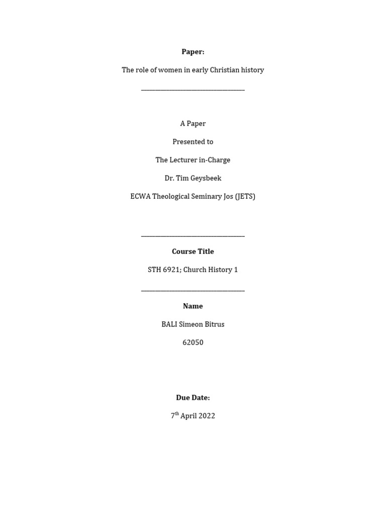 Assignment Role of Women in The Early Church | PDF | Paul The Apostle