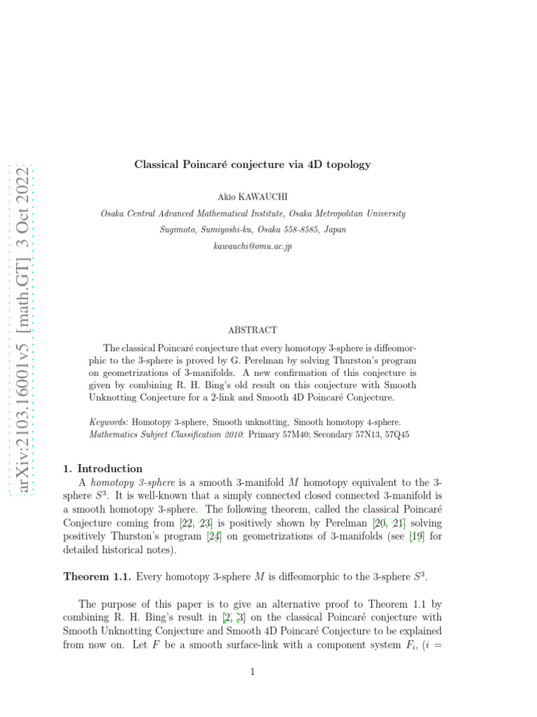Classical Poincare Conjecture Via 4D Topology | Download Free PDF ...