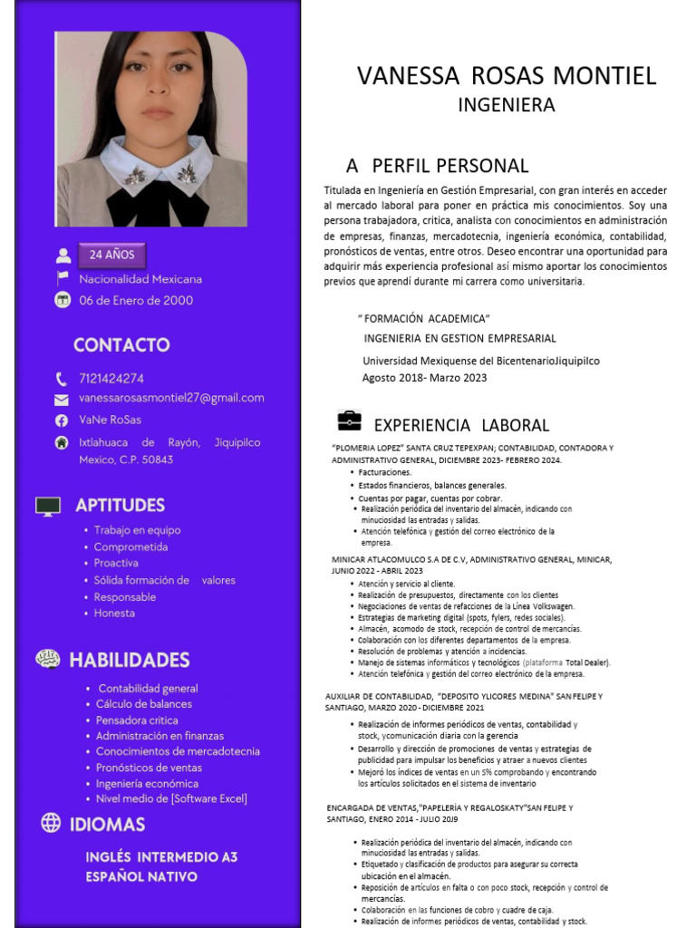 CV VANESSA ROSAS | PDF | Business | Contabilidad