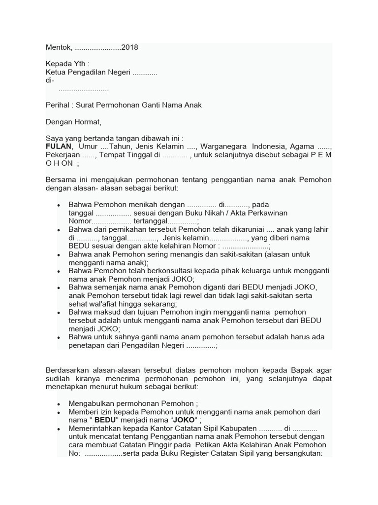 Draft Surat Permohonan Ganti Nama Anak | PDF
